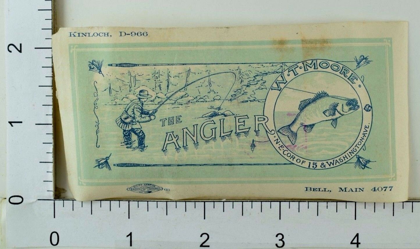 Victorian Label W.T Moore The Angler Fishing Tackle? Man Fishing River ...