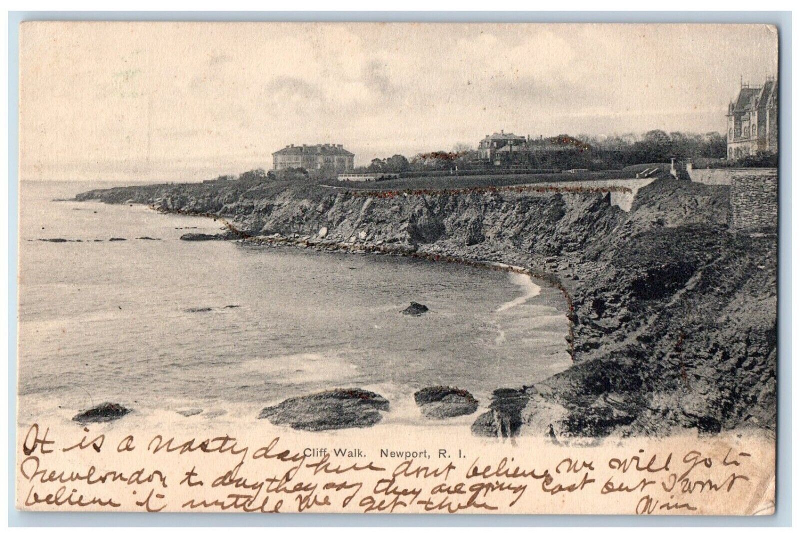 Newport Rhode Island Postcard Cliff Walk Lake Rocks Shore Buildings ...