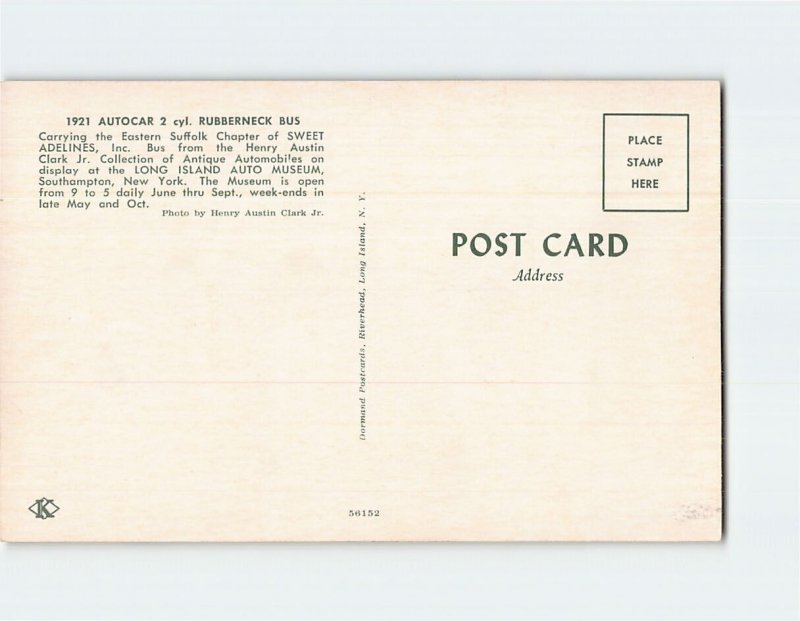 Postcard 1921 Autocar 2 cyl. Rubberneck Bus, Long Island Auto Museum ...