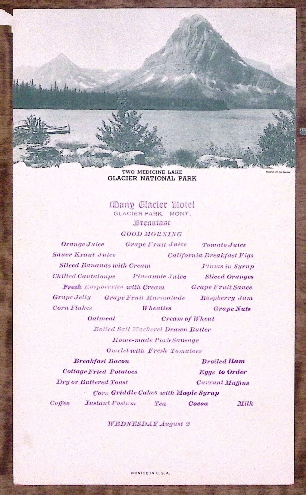 1930s Glacier Park MT Many Glacier Hotel Breakfast Menu TWO Medicine ...
