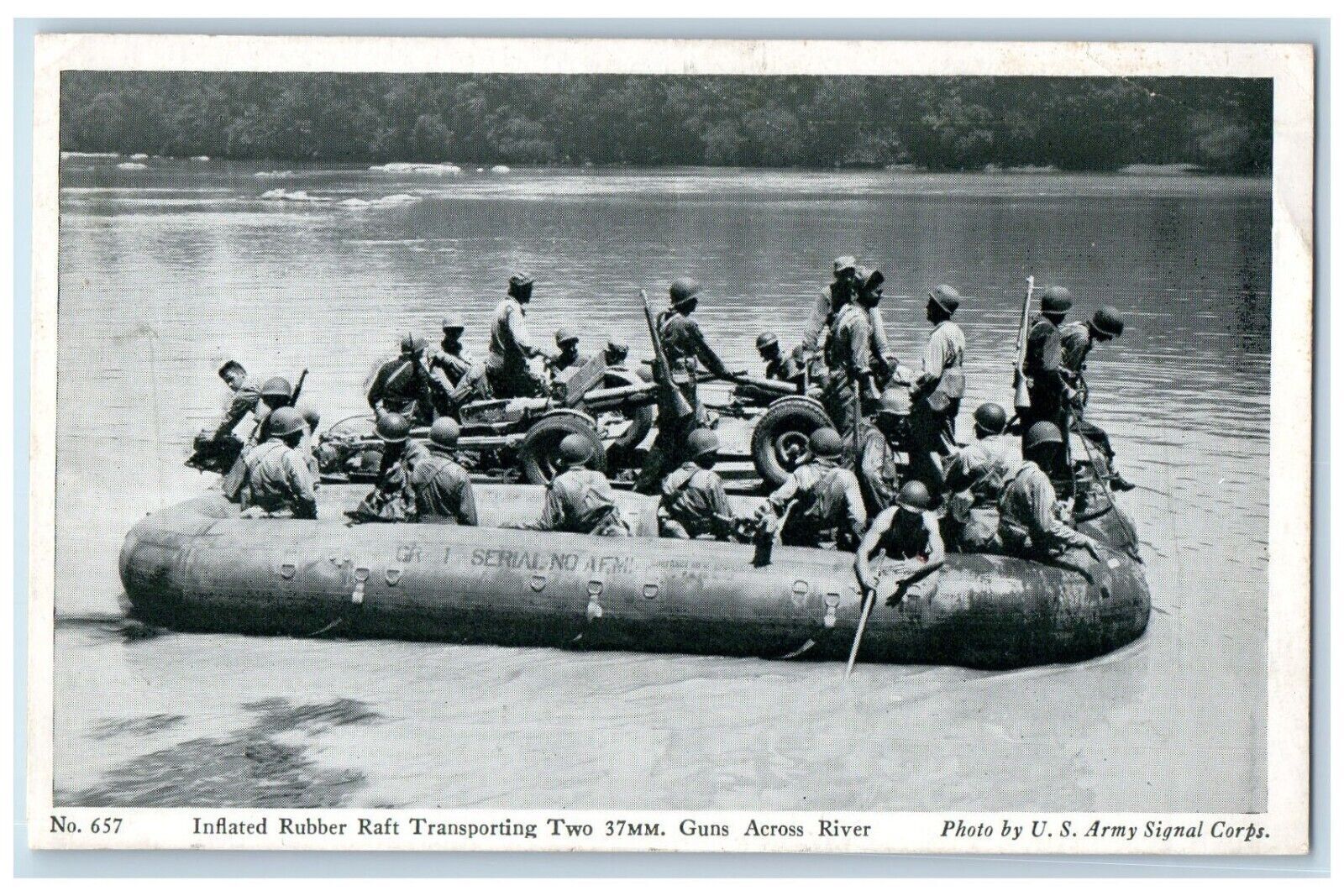 Inflated Rubber Raft Transporting Two Guns Across River US Army Vintage ...