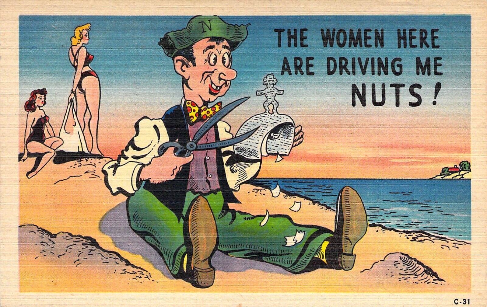 WW2 Linen Era Risque Humor, Pinup, Women Driving Me Nuts, Old Postcard ...