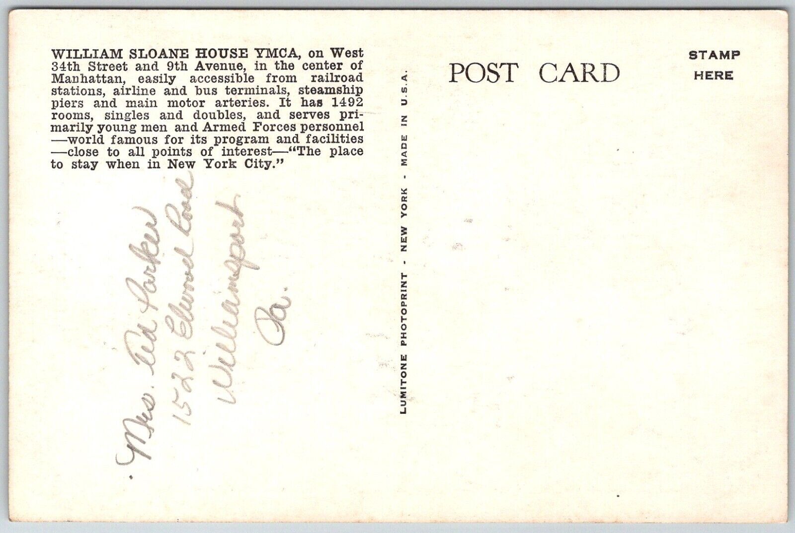 New York City NY 1950s Postcard William Sloane House YMCA | United ...