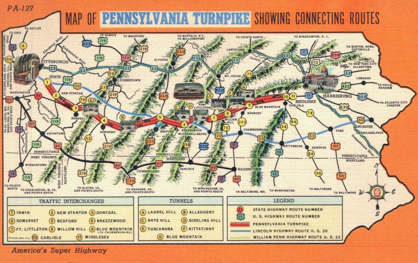 USA Map of Pennsylvania Turnpike showing Connecting Routes B54 | United ...