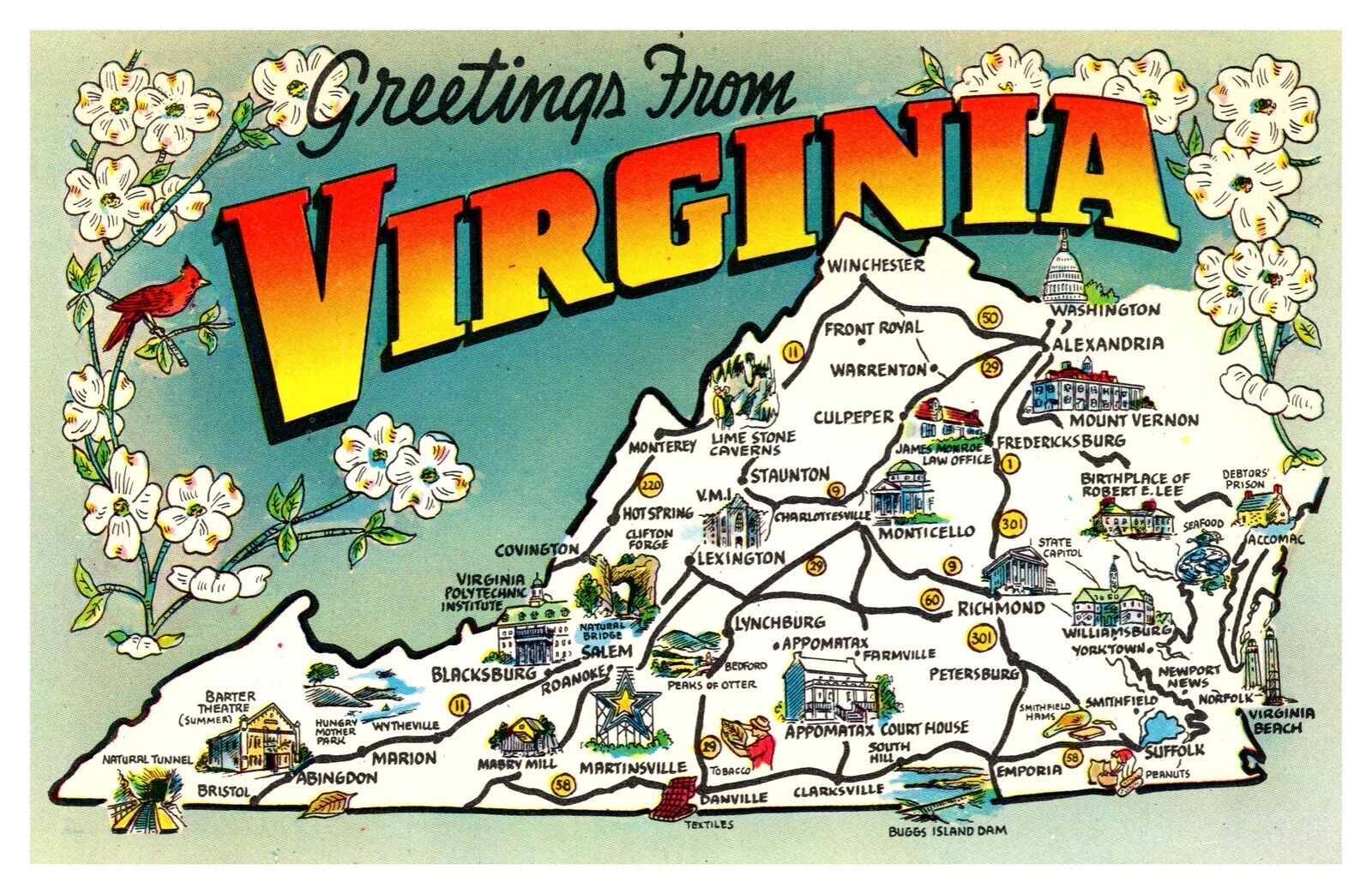 Postcard Map VA - Virginia State Map Card tourist spots state flower ...