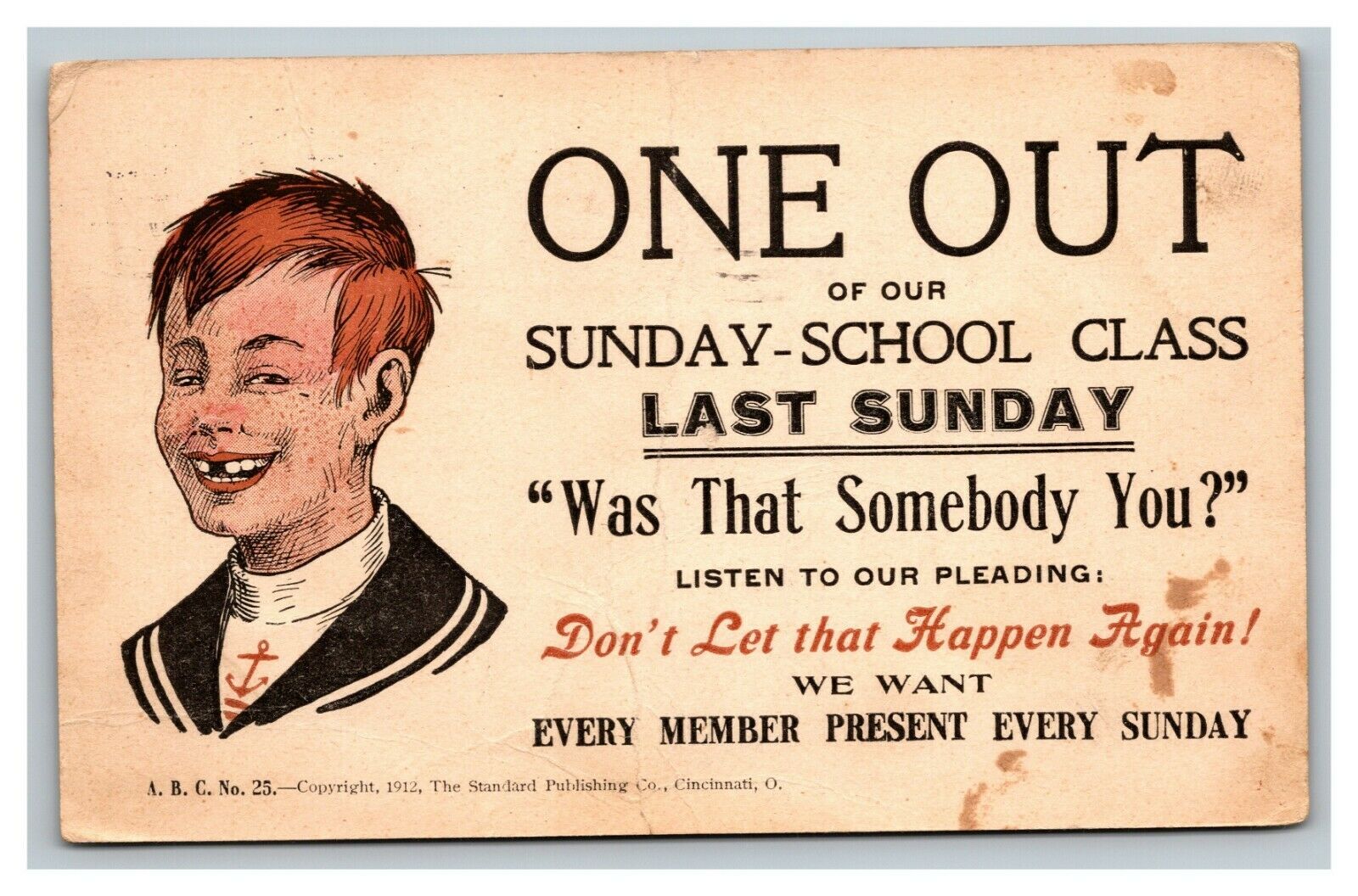 Vintage 1914 Church Comic Postcard Sunday School Absentee Card Boy ...