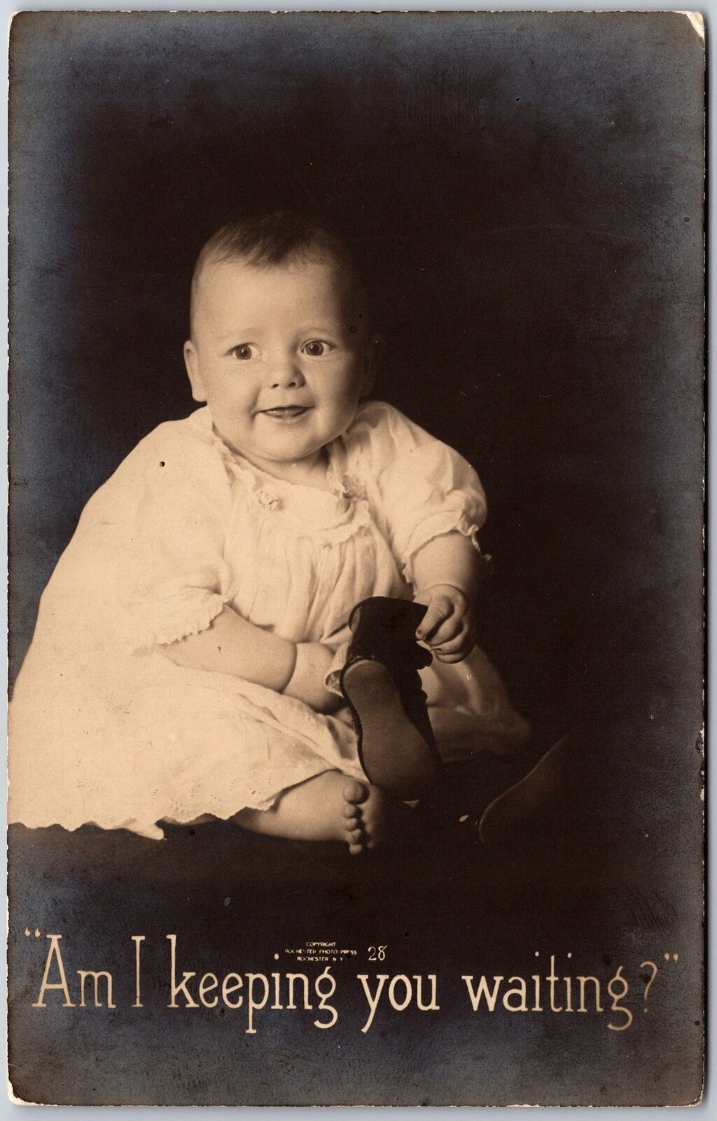 1915 Am I Keeping You Waiting? Cute Baby In White Dress Smiley Face ...