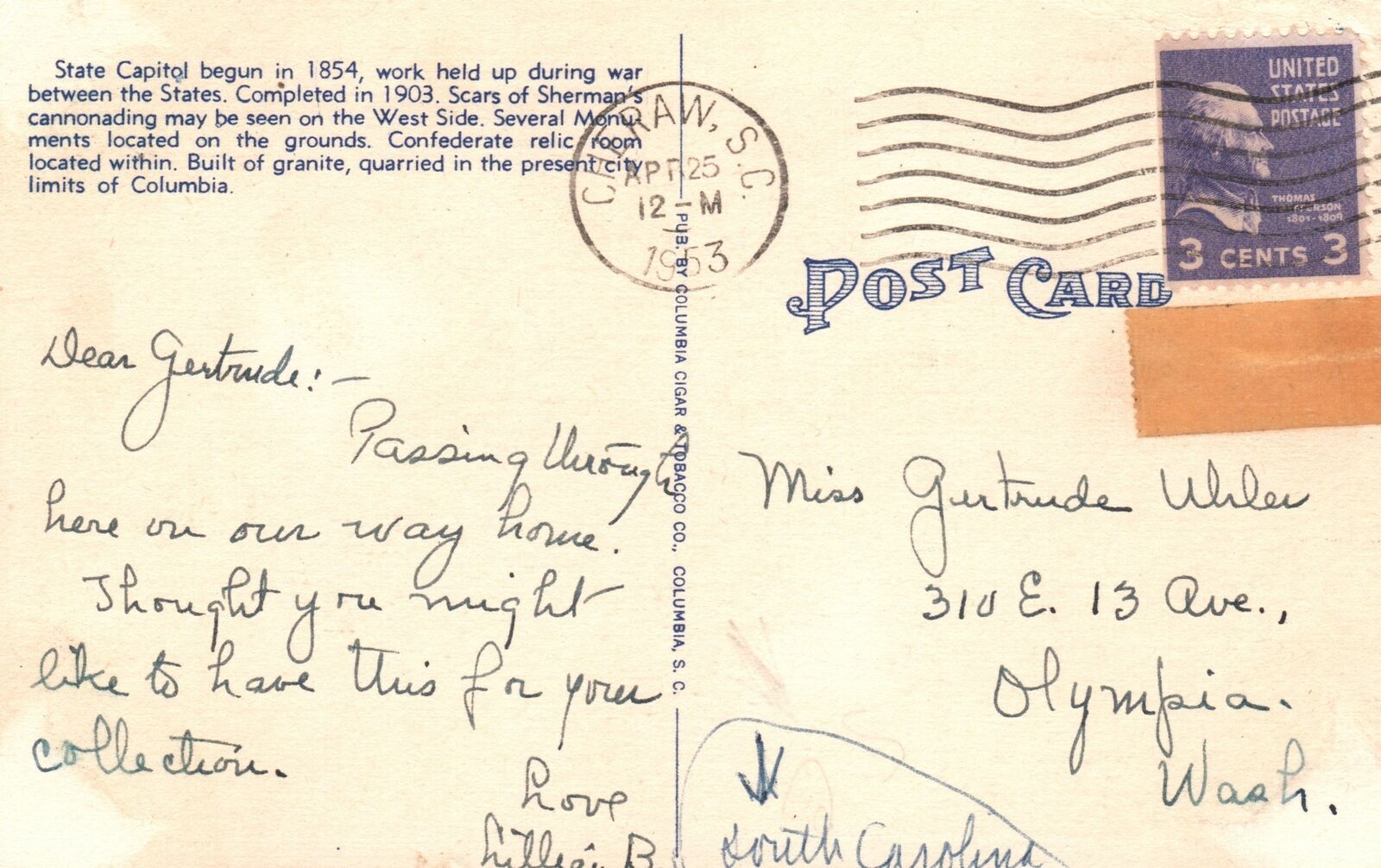 Vintage Postcard 1953 State Capitol Columbia SC South Carolina | United ...