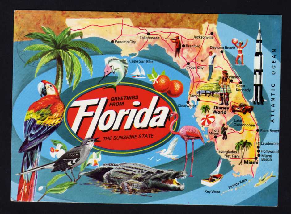 FL Greetings From Florida State Map Postcard, Key West, Tamp ...