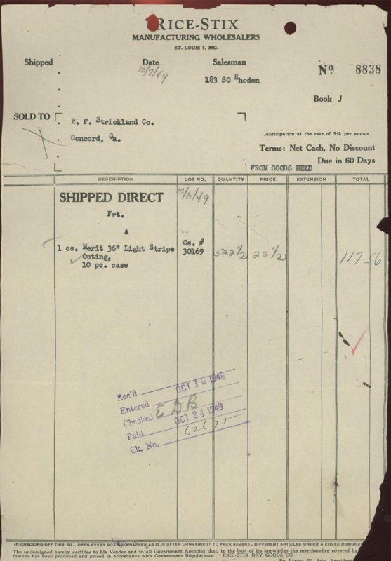 1949 Rice-Stix Manufacturing Wholesalers DRY Goods Invoice 31-17 ...