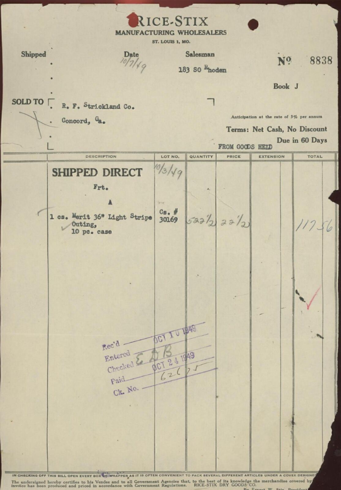 1949 Rice-Stix Manufacturing Wholesalers DRY Goods Invoice 31-17 ...