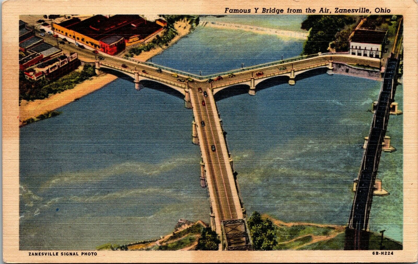 Vtg Zanesville Ohio OH Famous Y Bridge from the Air 1940s Linen ...