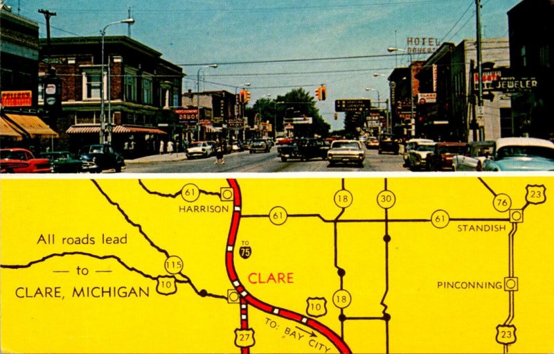 Michigan Clare Split View Showing Map and Main Street | United States ...