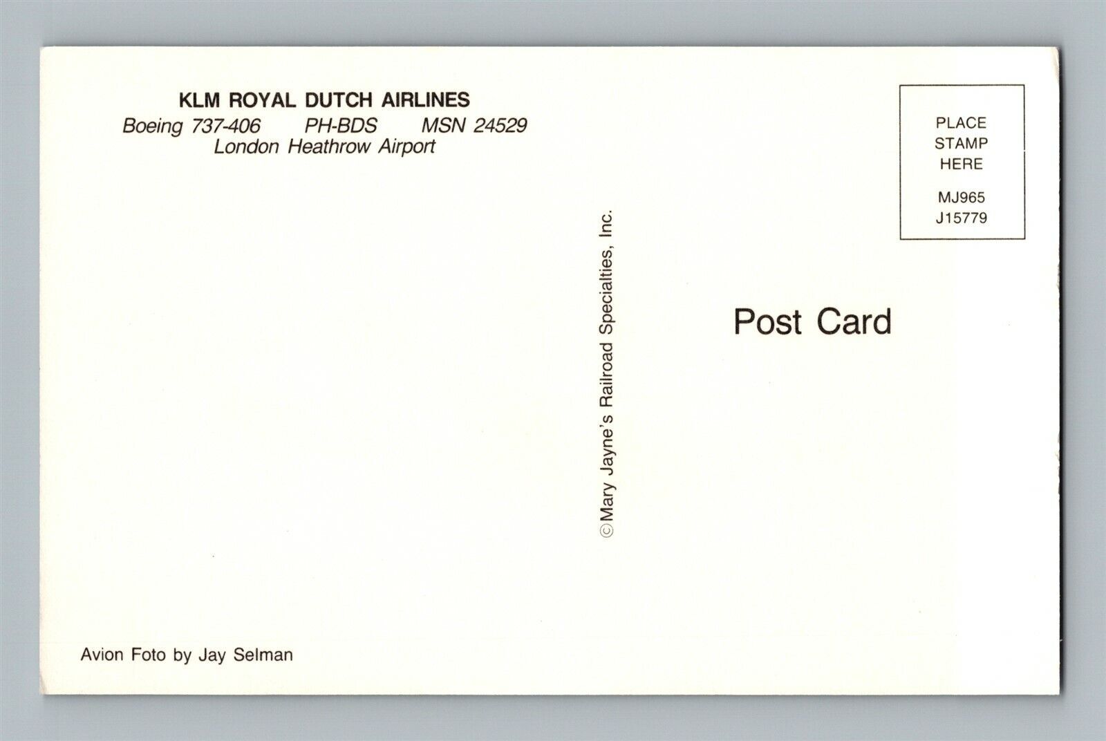 Aviation Airplane Postcard KLM Royal Dutch Airlines Boeing 737 Heathrow ...