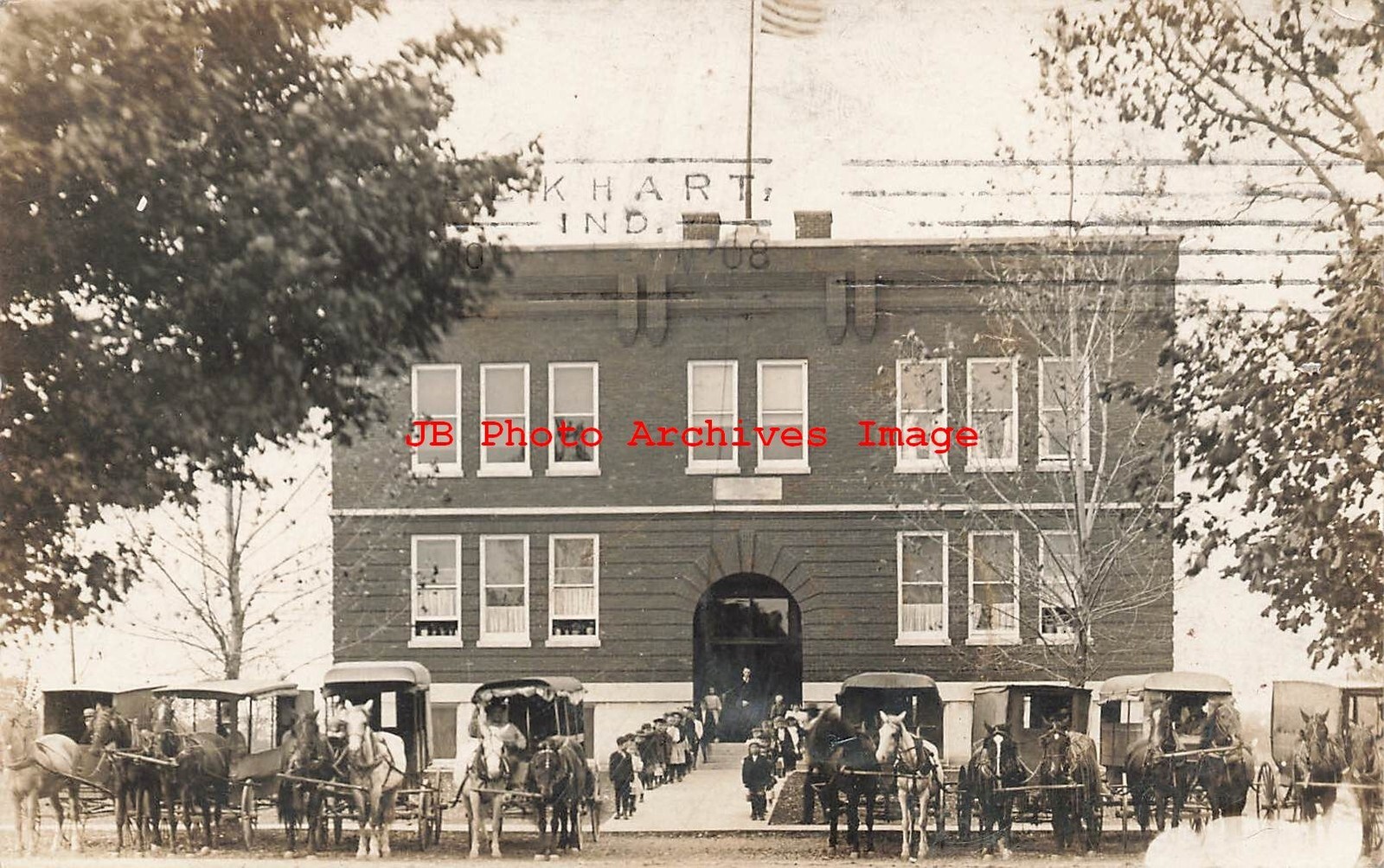 IN, Bristol, Indiana, RPPC, High School Building, Horse Drawn Buses ...