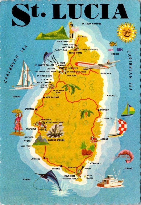 Vintage Continental Size Postcard Animated Pictorial MAP of ST. Lucia ...