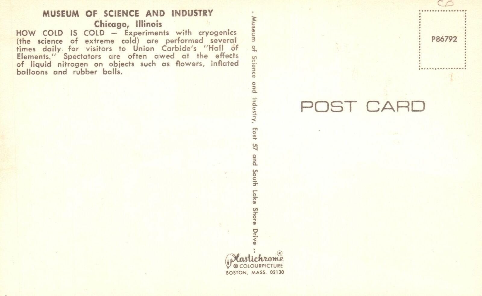 Vintage Postcard Museum Of Science & Industry Cold Experiment Chicago ...
