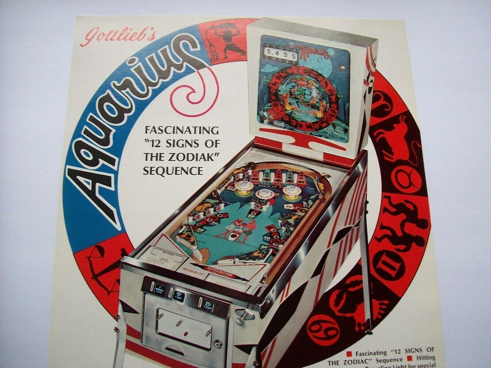 Aquarius Pinball Flyer Original NOS 1970 Art Zodiac Horoscope 8.5 x 11 ...