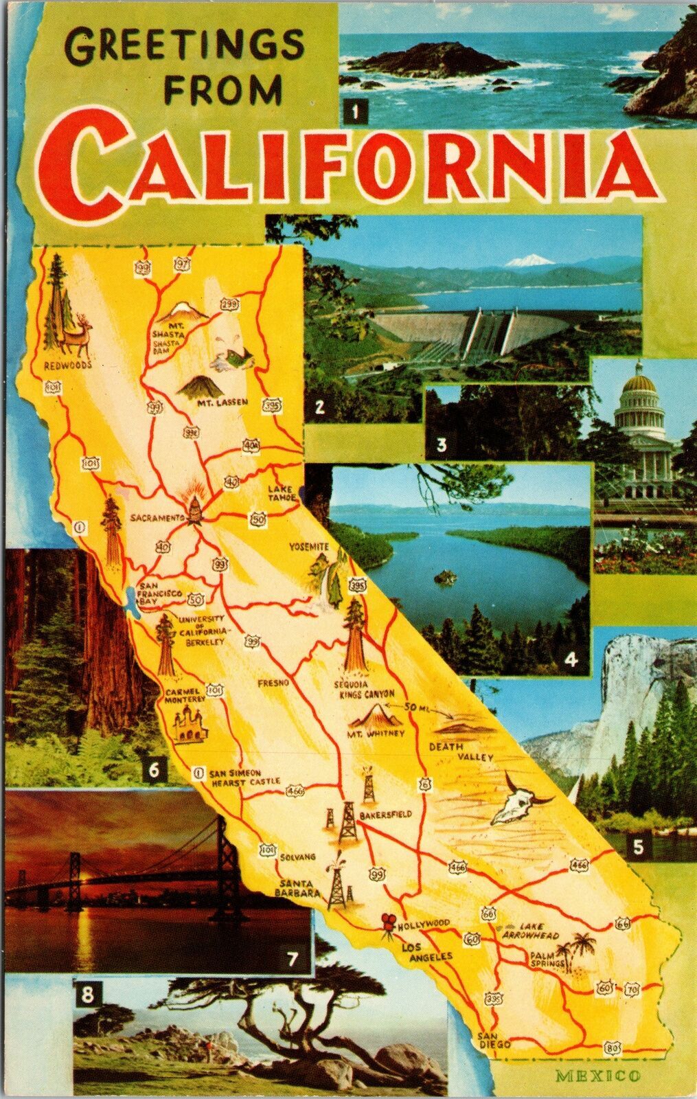 Vintage Postcard Greetings From California MAP & 8 Mini-Views 1970s ...