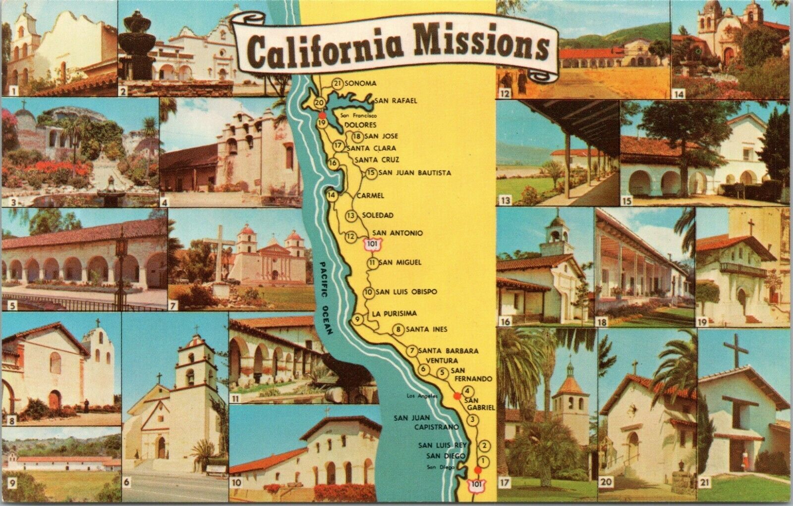 postcard California Mission - souvenir map with images of missions ...