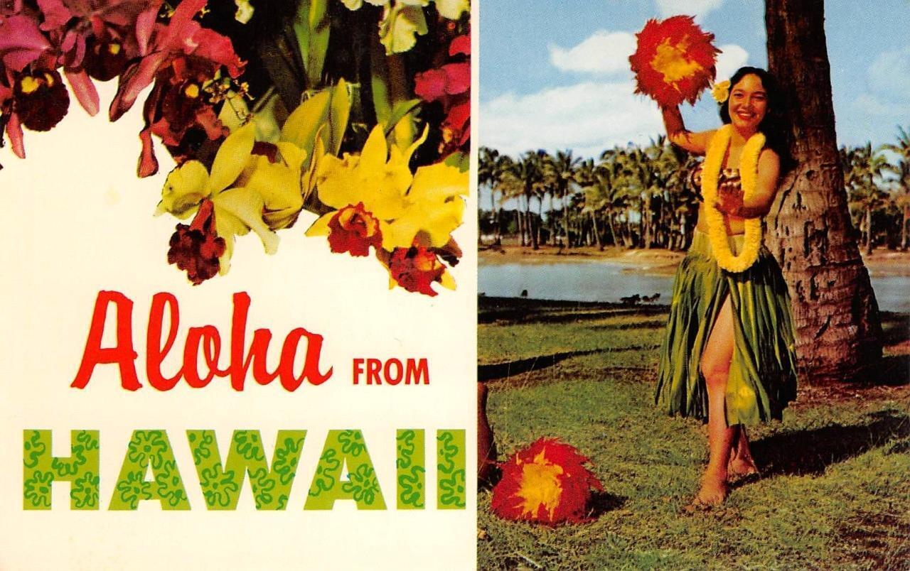 ALOHA FROM HAWAII Hula Girl Dancer Large Letter Greetings '60s Vintage ...
