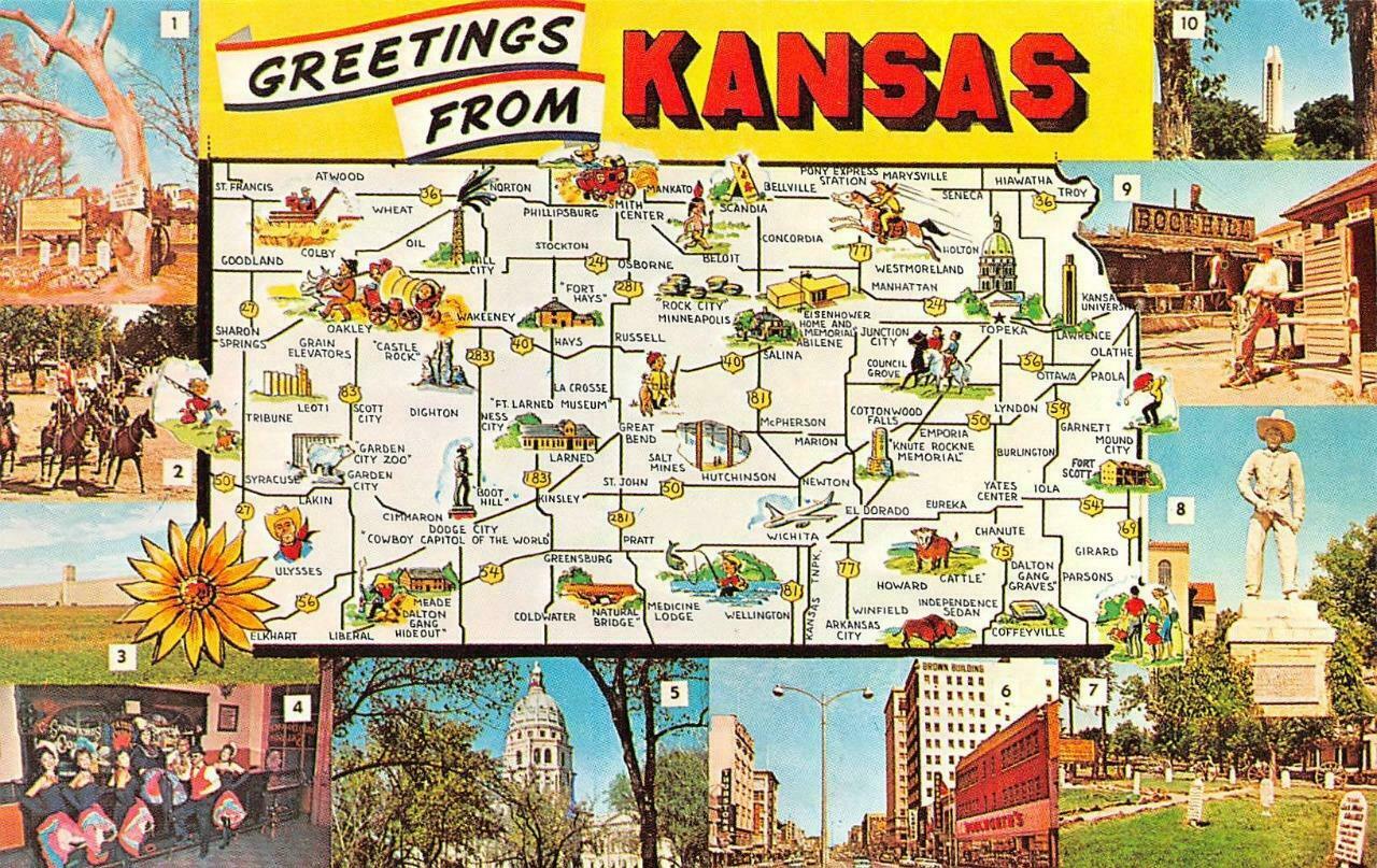 Kansas KS MAP CARD & Roadside Attractions c1960's Chrome Postcard ...