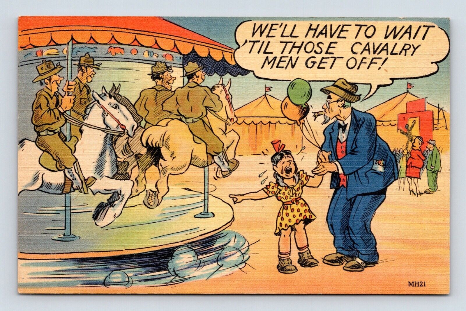 Comic Military Cavalry Men Ride Horses on Carousel UNP Linen Postcard ...