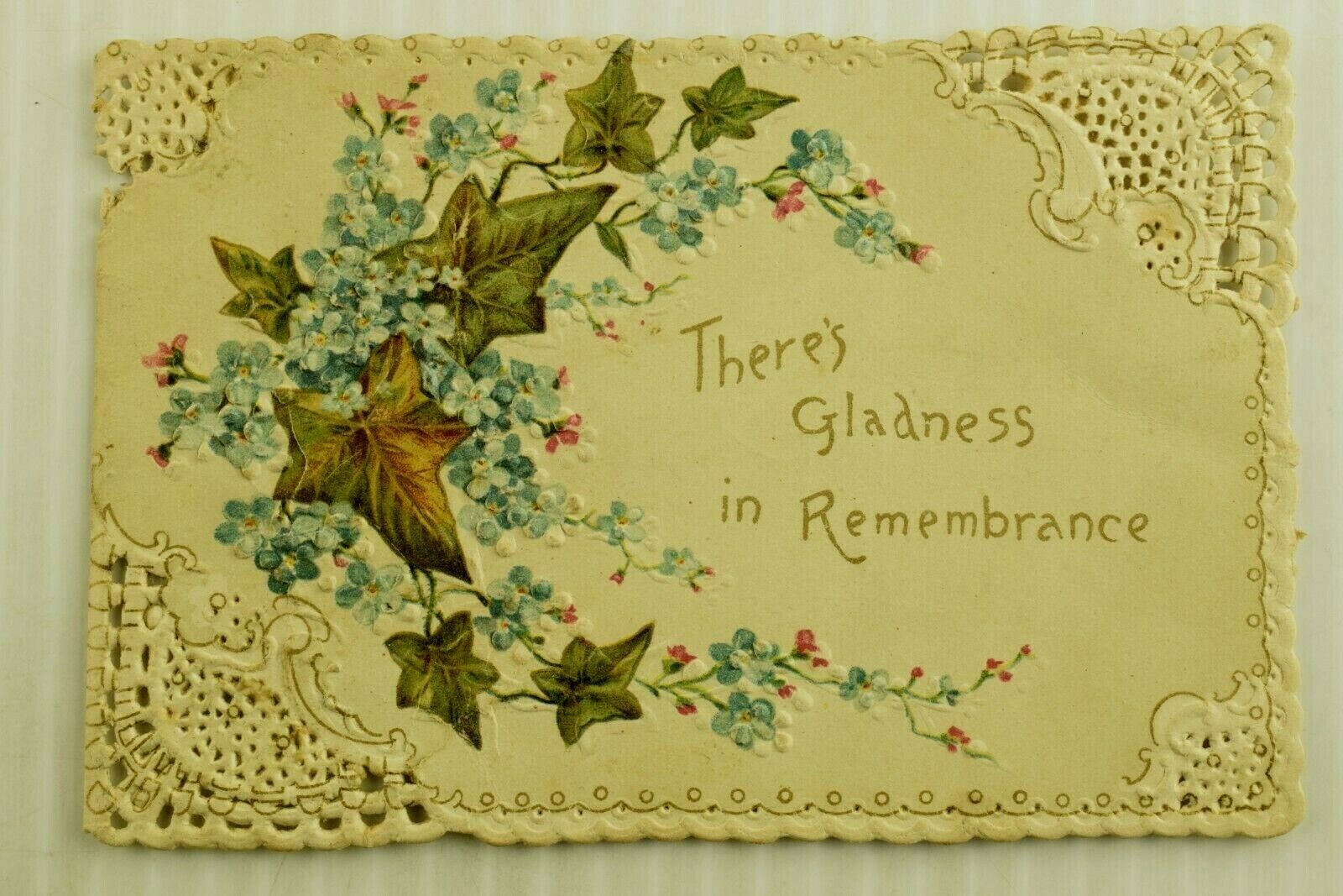 1880's Embossed Victorian Remembrance Card Paper Lace Ivy Forget-Me ...