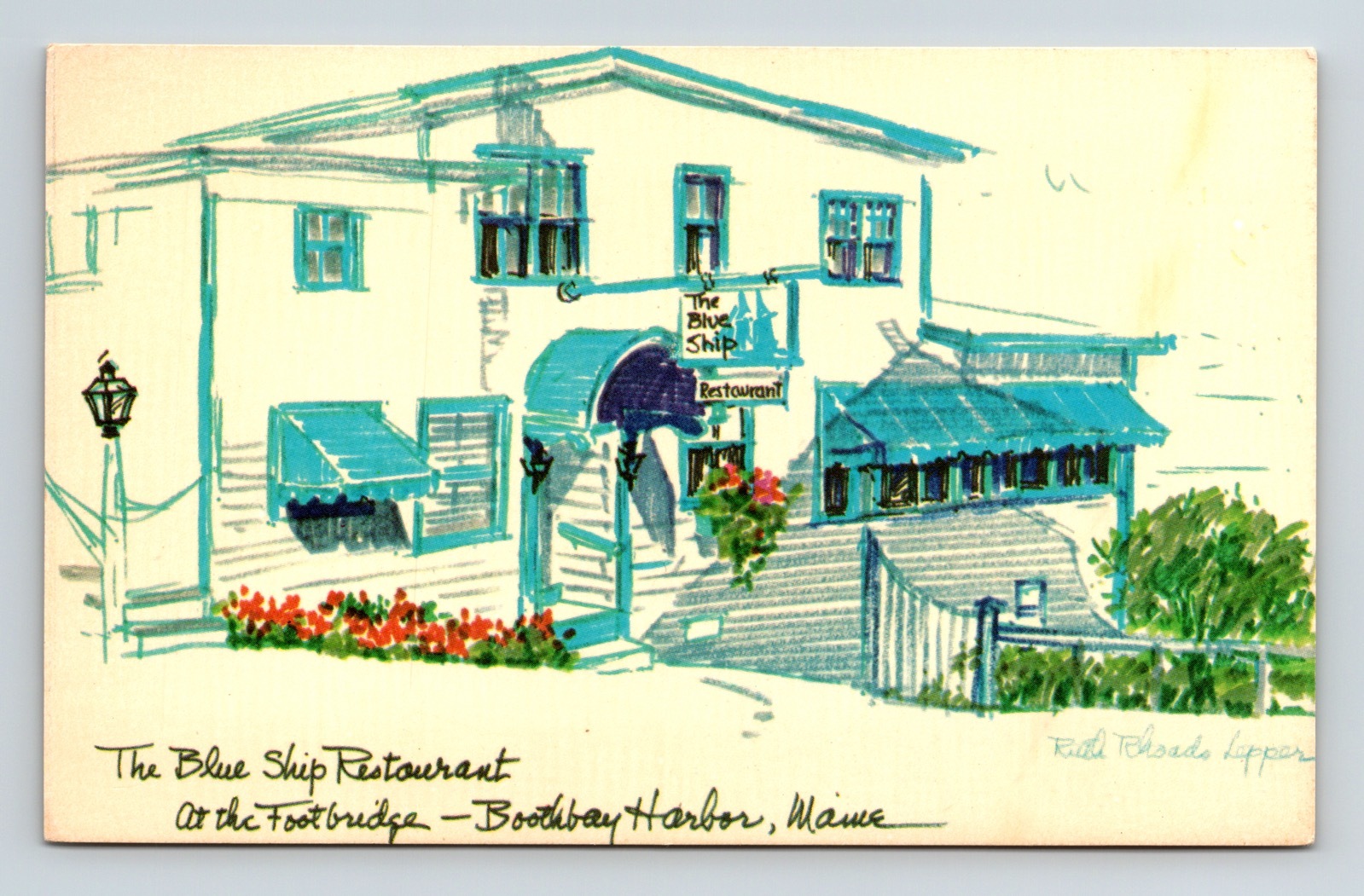 Blue Ship Restaurant Foot Bridge Boothbay Harbor Maine ME Postcard UNP ...