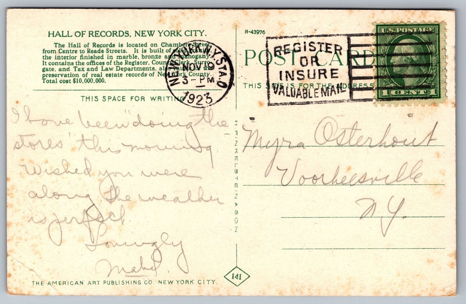 Vintage Postcard 1923 Hall of Records & Savings Bank Building New York ...