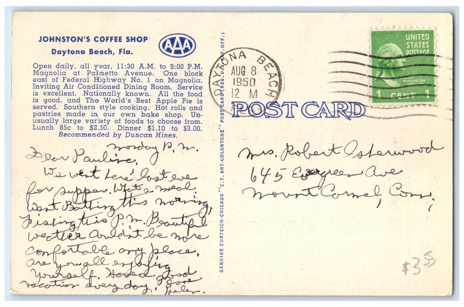 1950 Johnston's Coffee Shop Palmetto & Magnolia Daytona Beach Florida ...