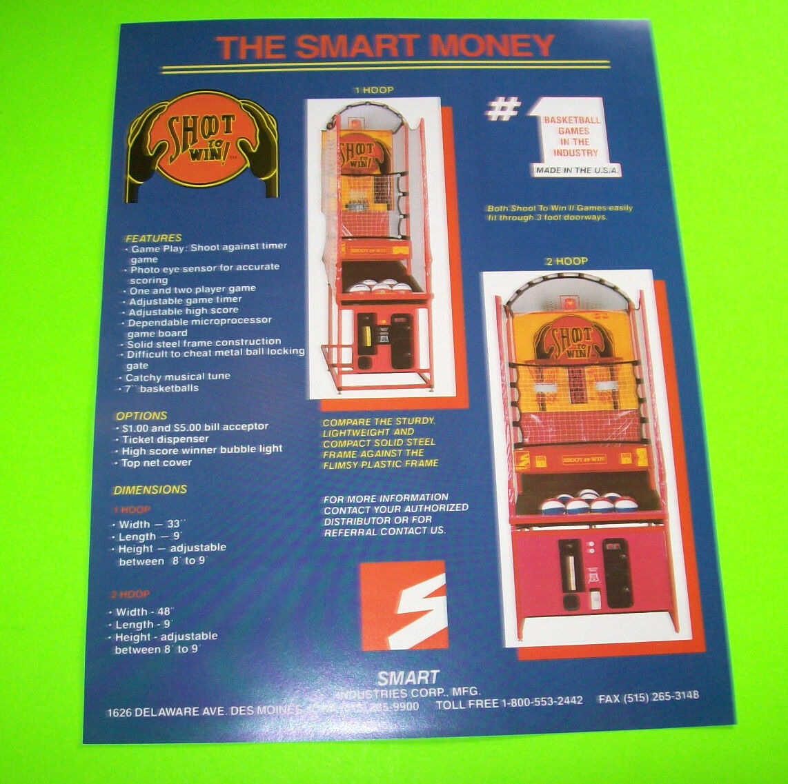 Shoot To Win Basketball Arcade FLYER Original NOS Smart Promo ...