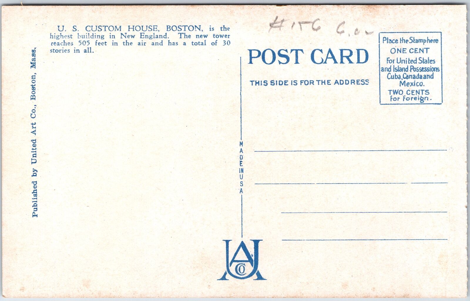 Vintage Postcard the Customs House Tower at Boston Massachusetts 1920s ...