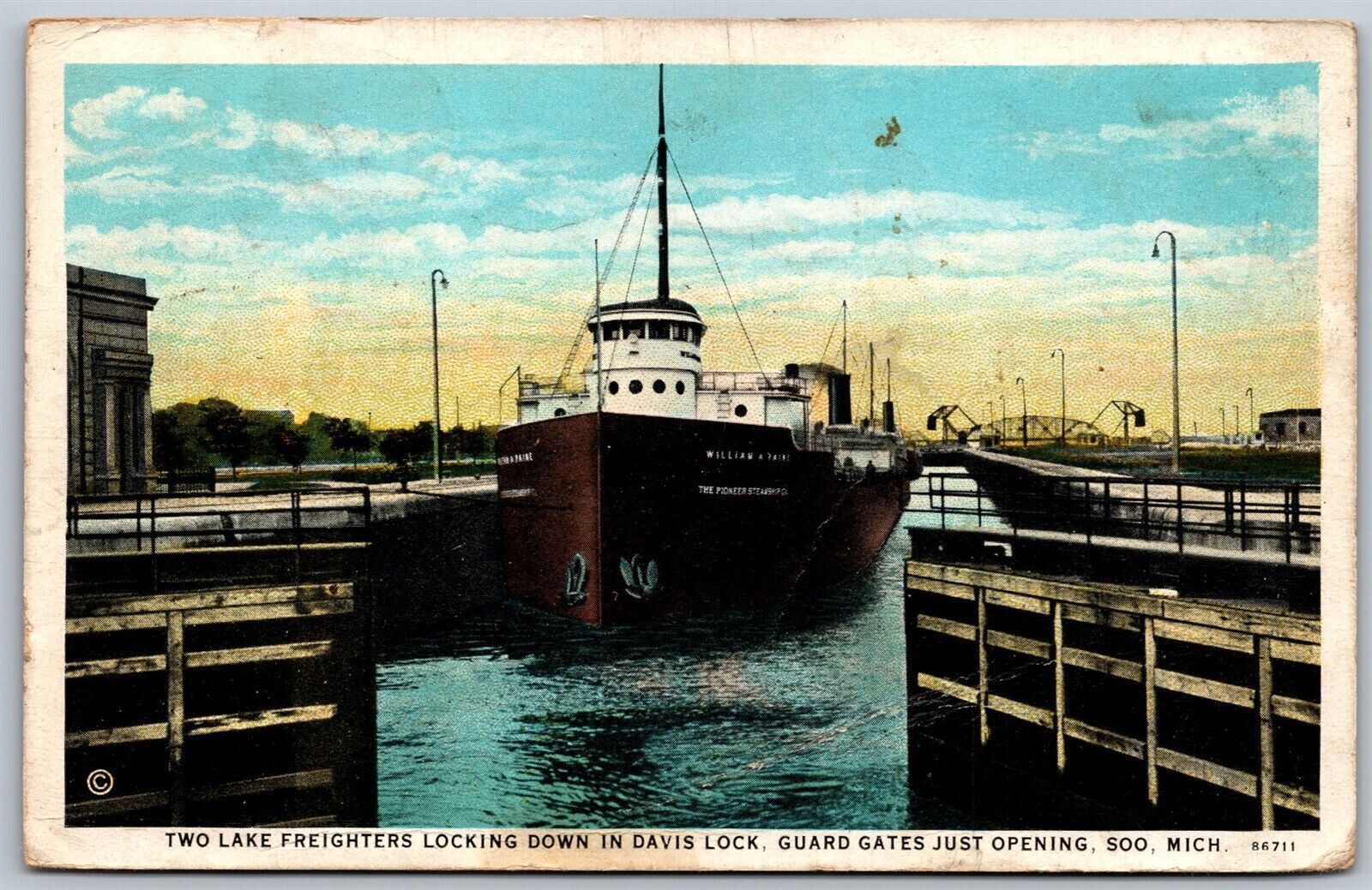 Vtg Soo Michigan MI Two Lake Freighters Locking Down Davis Lake 1920s ...