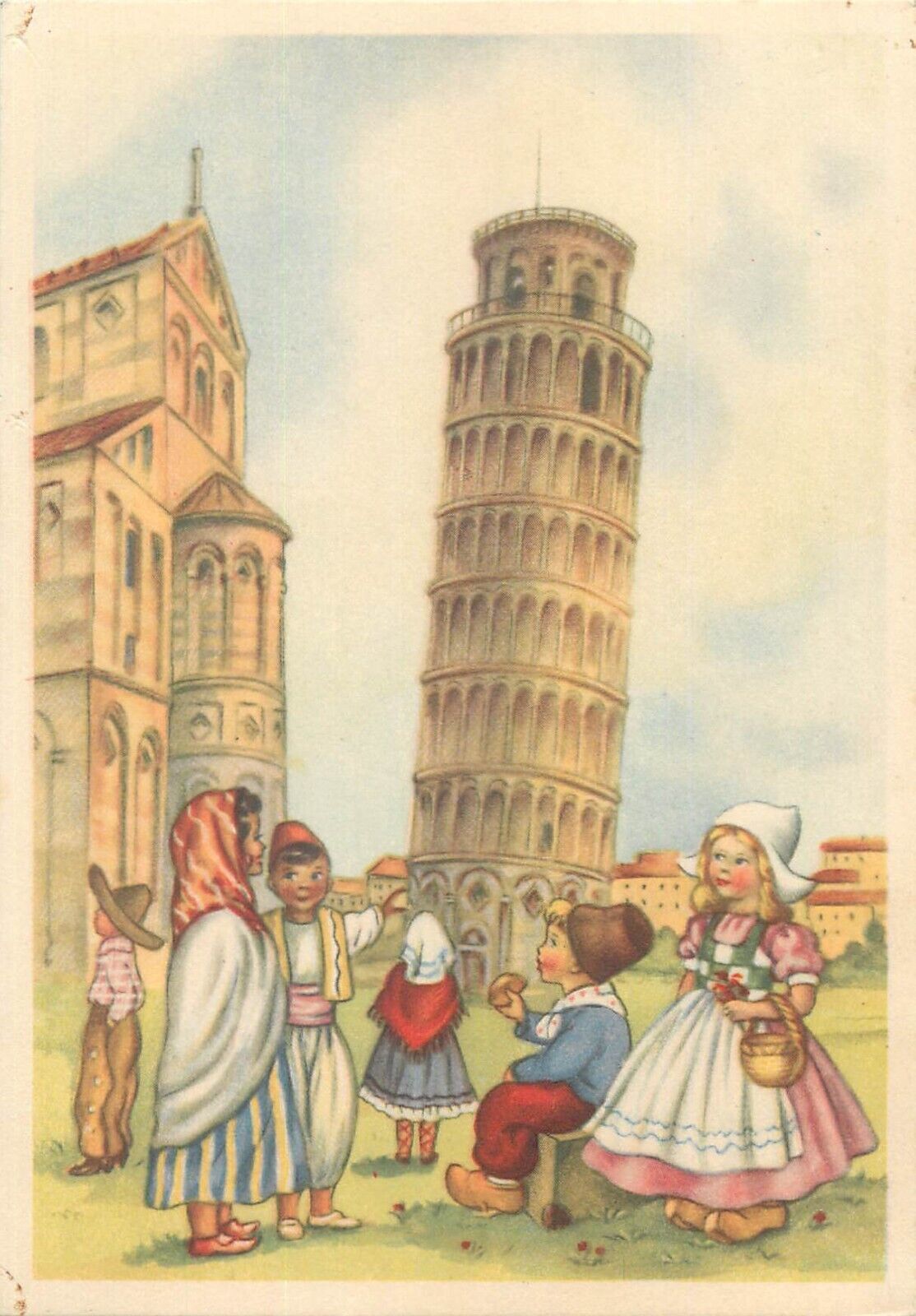 Set 4 postcards children caricatures tourists in Italy Pisa Milano ...