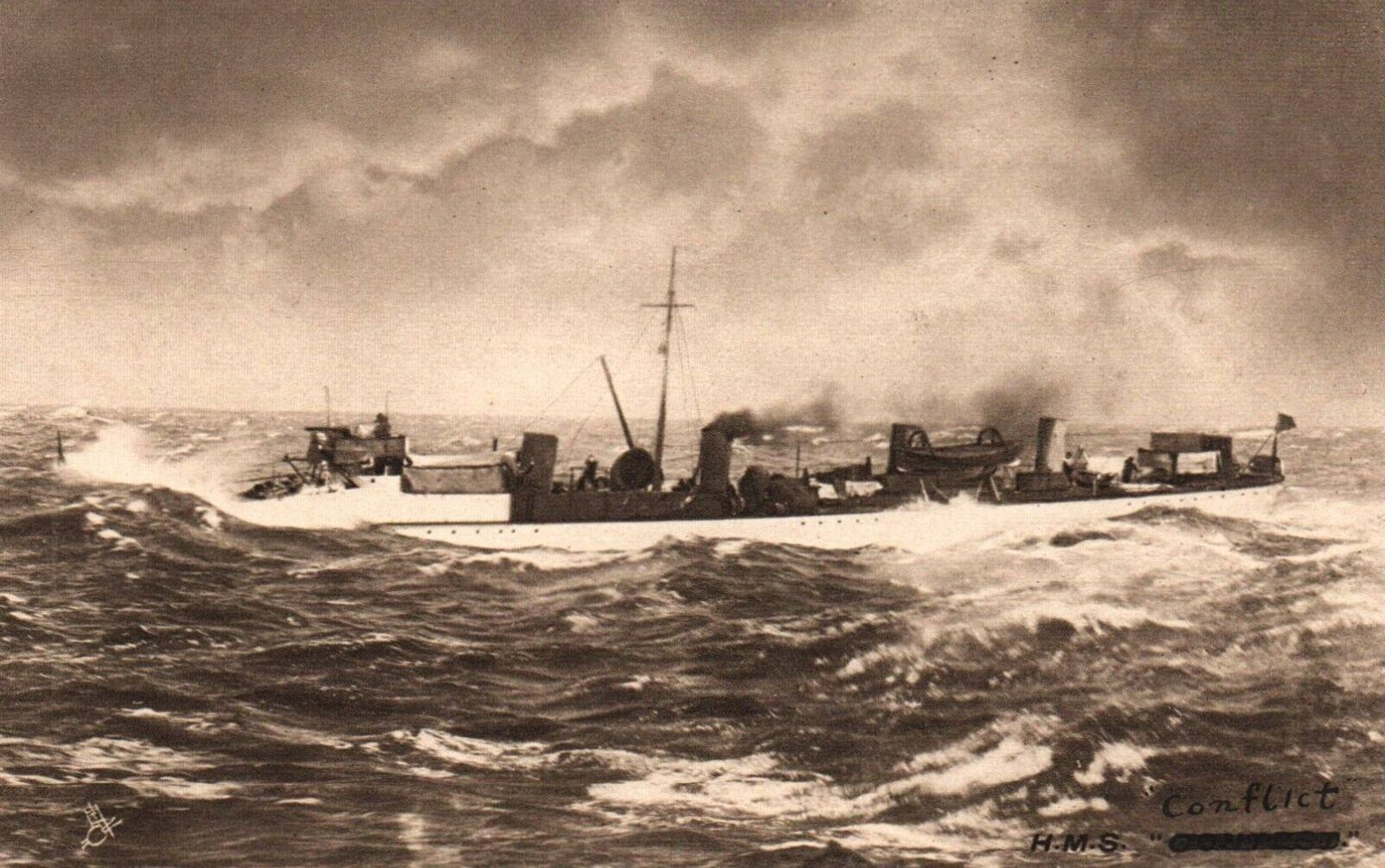 WWI British Royal Navy HMS Conflict Destroyer Torpedo Boat Raphael Tuck ...