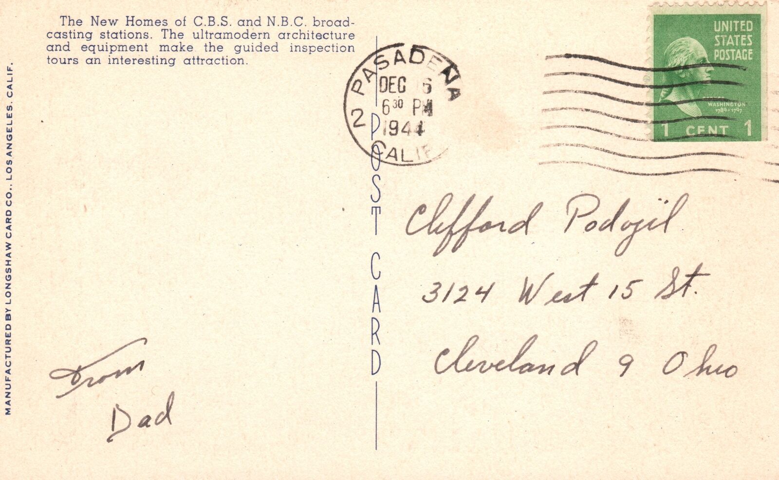 Vintage Postcard 1944 Radio City Center CBS & NBC Studios Hollywood ...