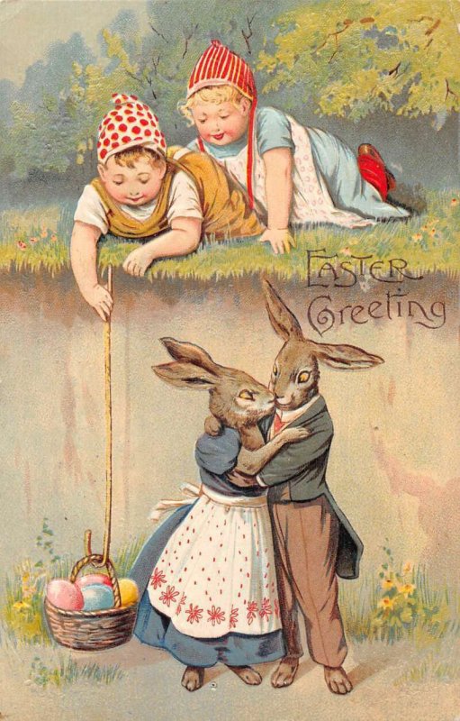Easter Greetings Dressed Bunny Rabbits and Children Vintage Postcard ...