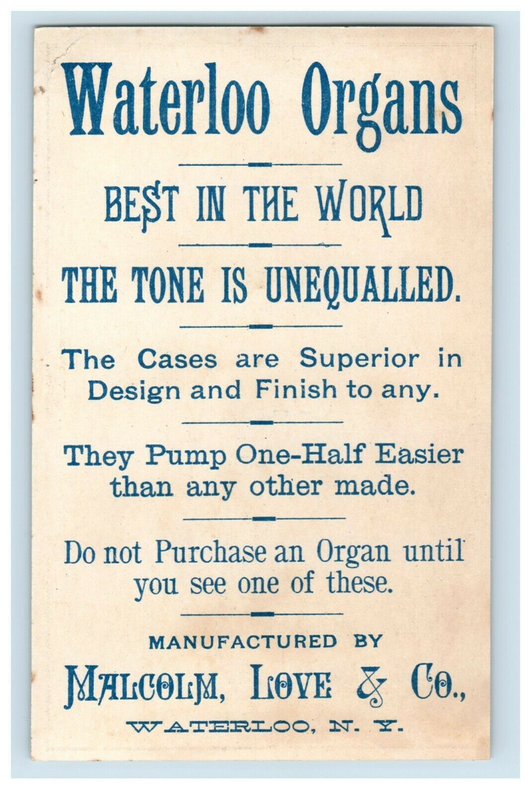1880s Malcolm Love & Co. Mfg.'s Waterloo Organs D.S. Andrus Agent P227 ...