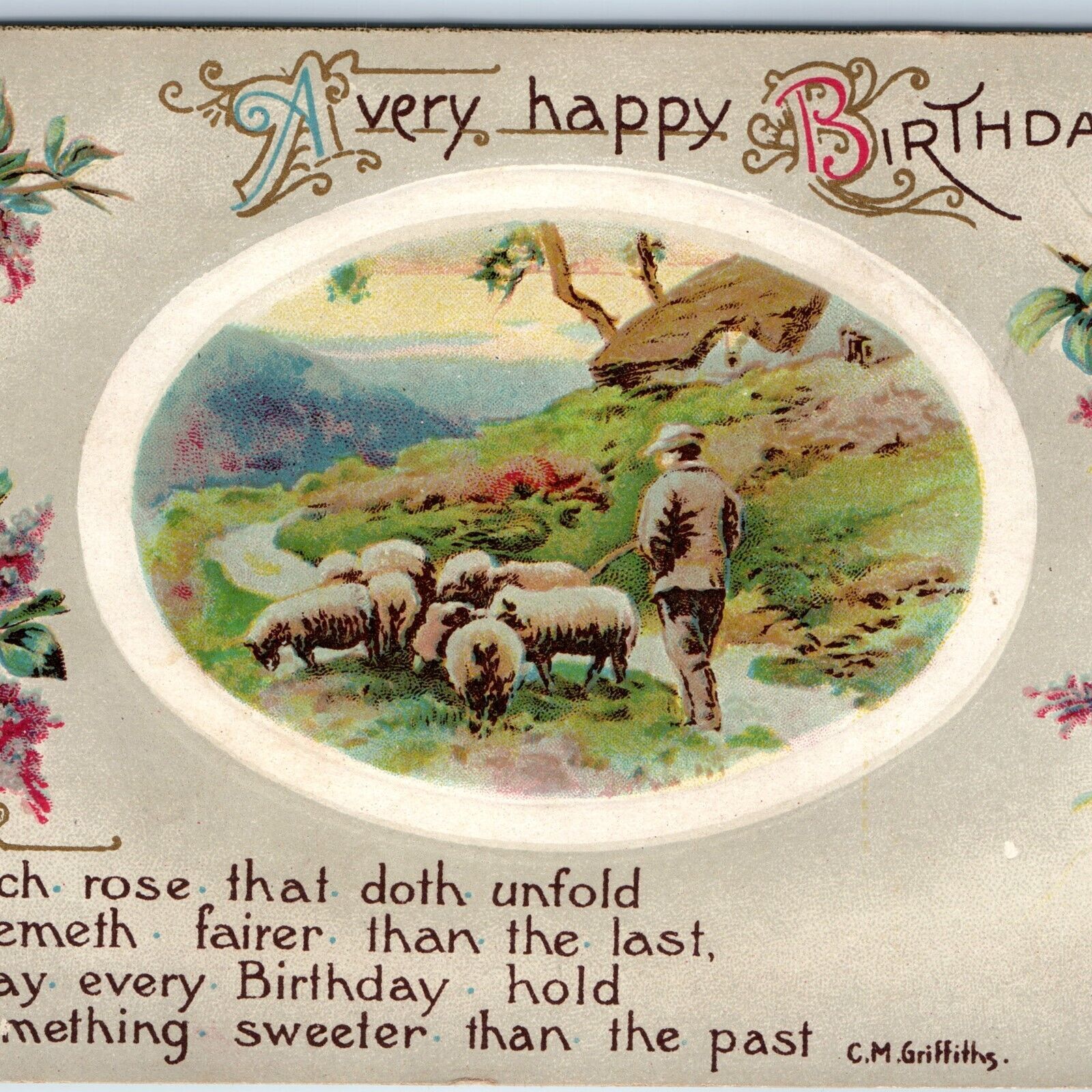 c1910s Shepherd Sheep Lilac Flowers Poem Very Happy Birthday John ...