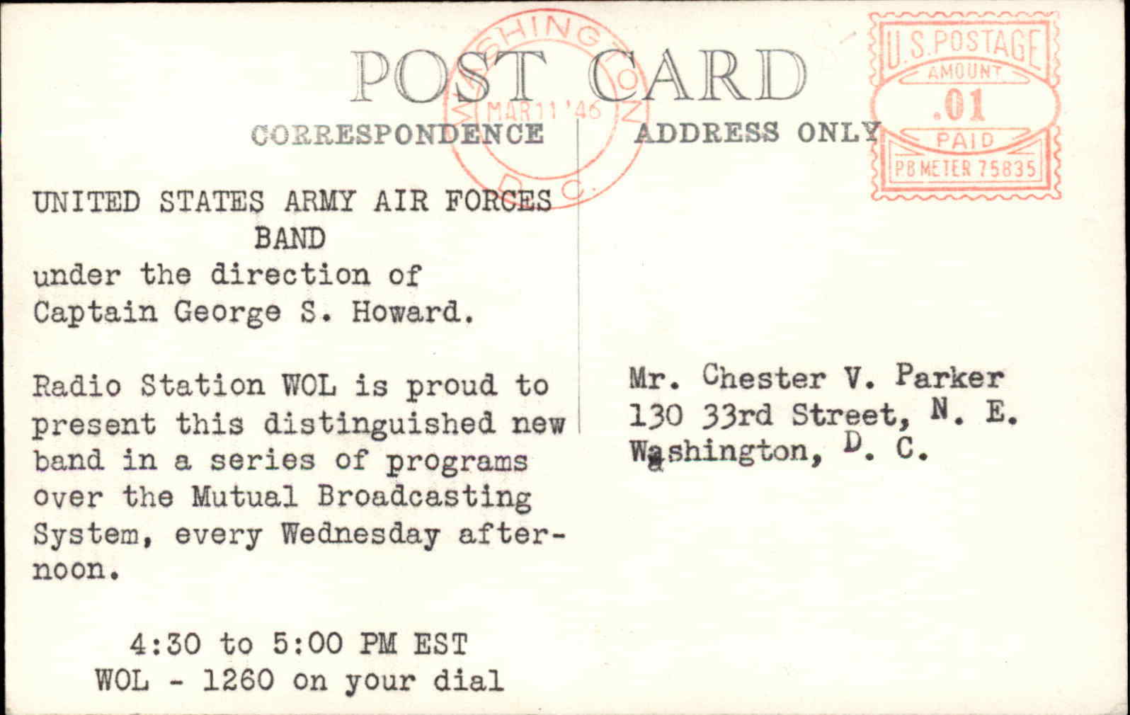 Washington DC USAAF Army Air Force Music Band Radio WOL RPPC Postcard ...