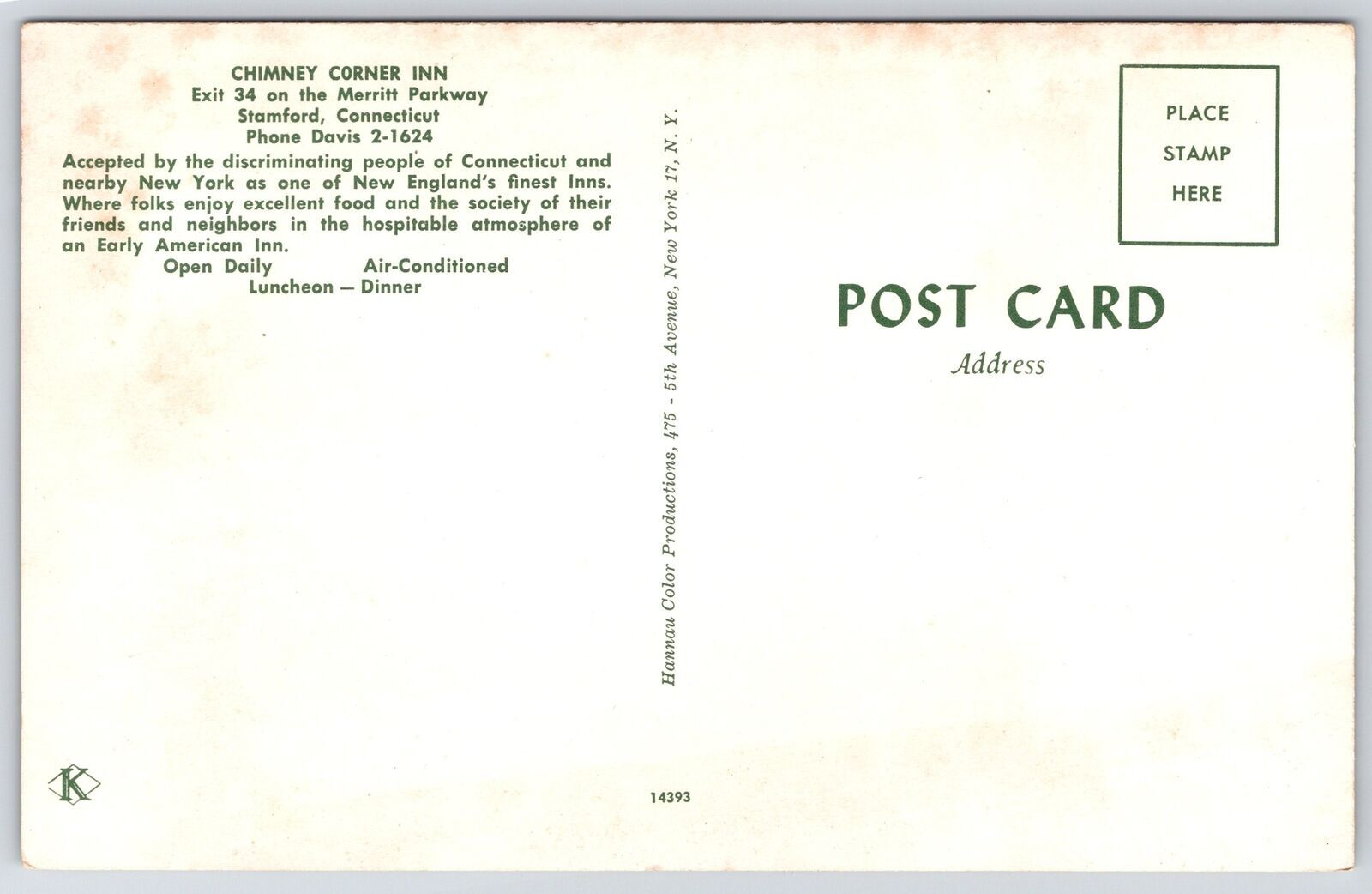 Vintage Postcard Chimney Corner Inn Building Entrance Stamford ...