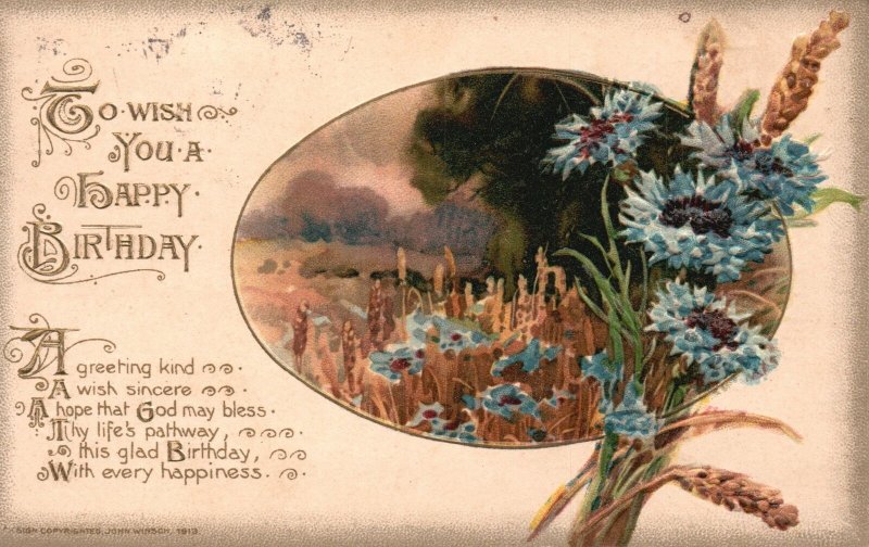 Vintage Postcard To Wish You A Happy Birthday Flowers Crop Field Farm ...