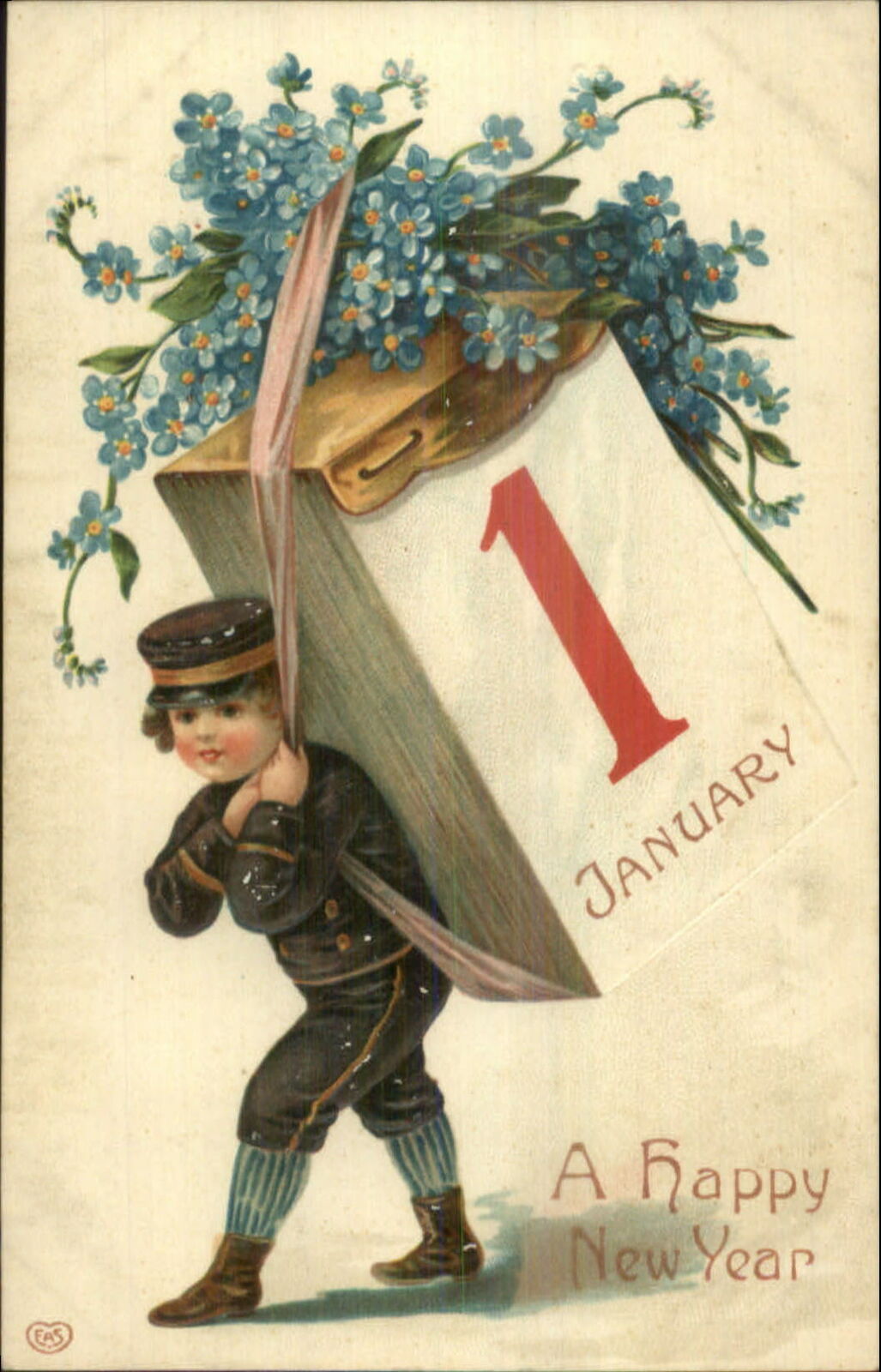 New Year Delivery Boy Carrying Giant Calendar on Back EAS Embossed ...