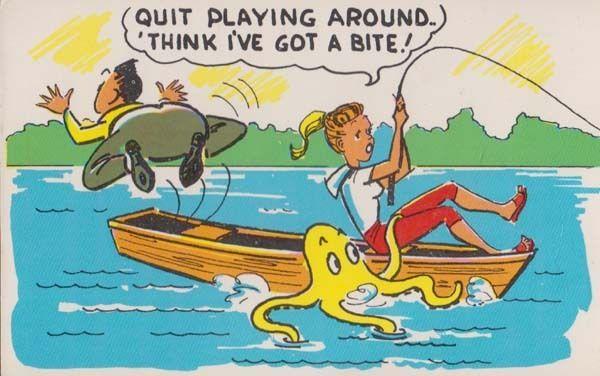 Octopus Fishing Man Falls Off Boat Rod Lake Rowing Comic Humour ...