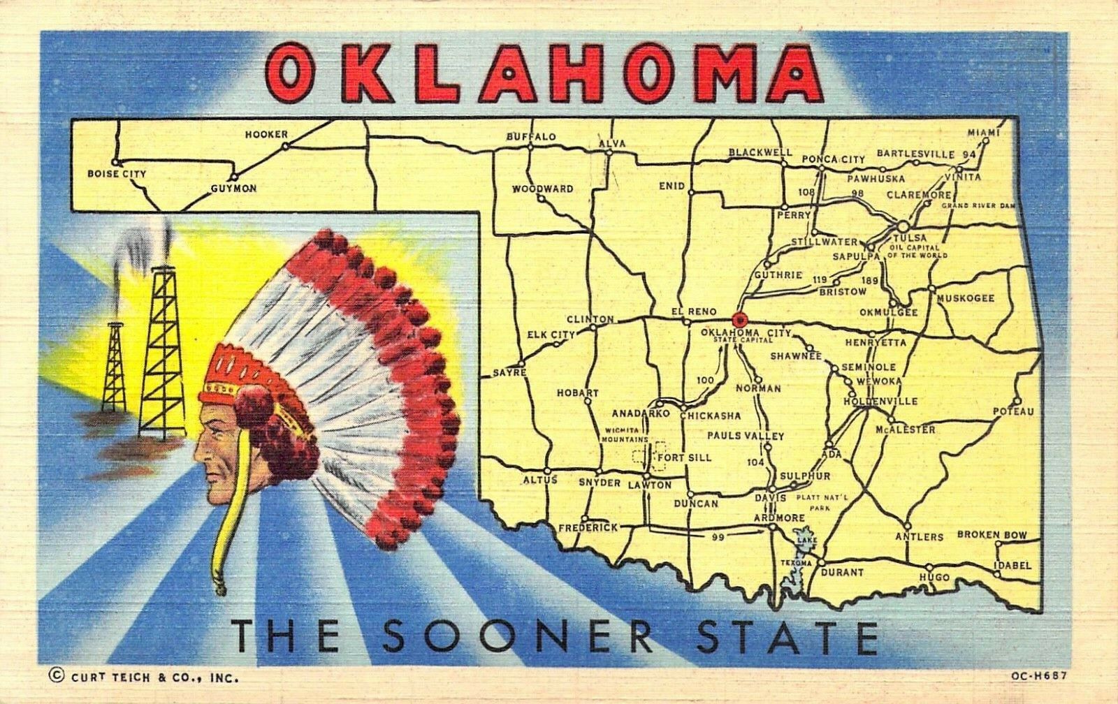 Linen Era, Large Letter, Oklahoma State Map, Indian, Oil Old Postcard ...