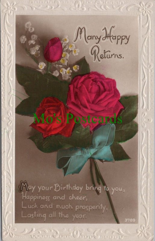 Greetings Postcard-Birthday, Many Happy Returns - Flowers, Red Roses ...