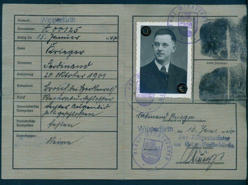 Germany WWII 1940 3RM Stamp on Kennkarte Photo ID Card Wipperfuerth ...