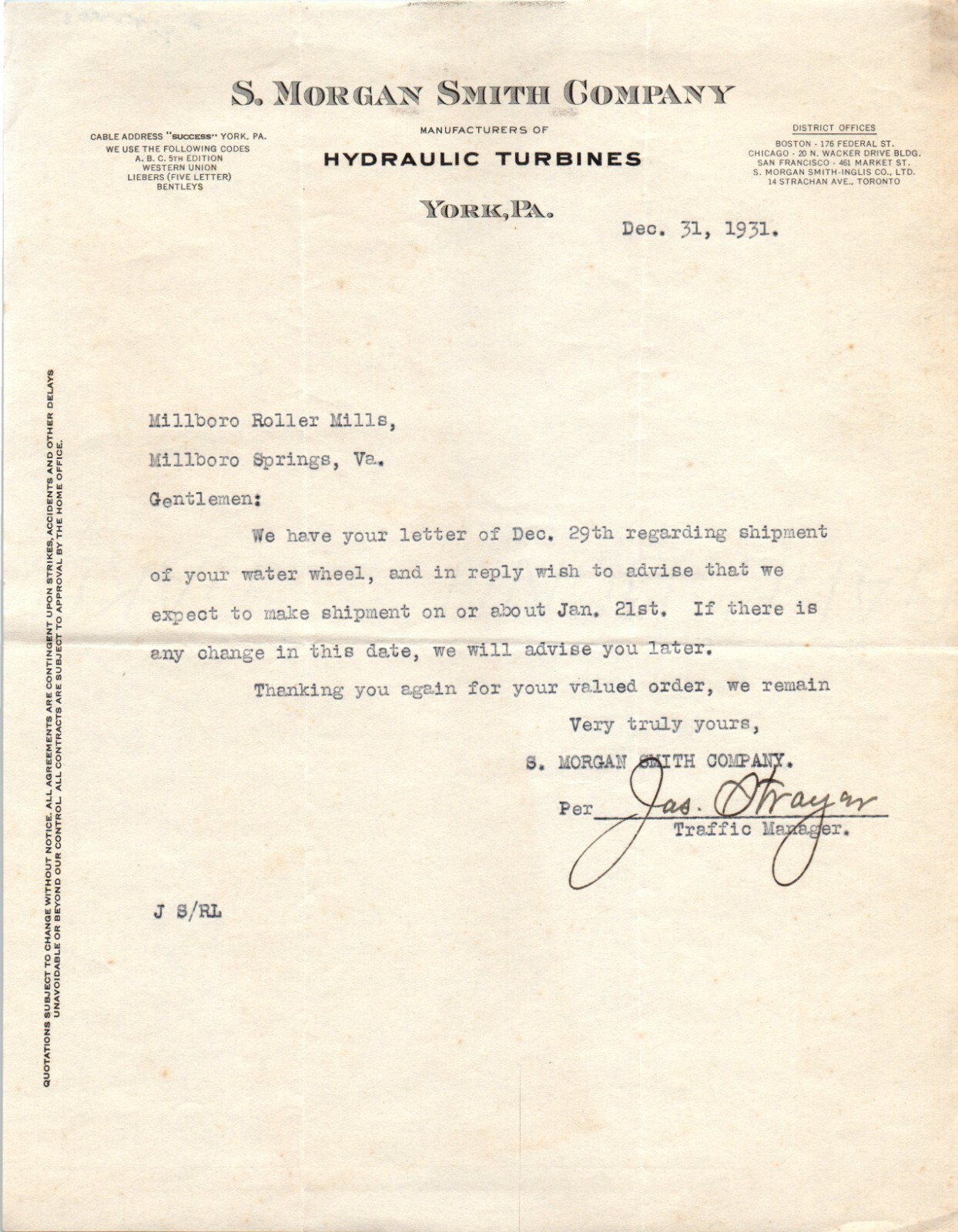 1931 S. Morgan Smith Co Hydraulic Turbines York PA Bill Letterhead ...
