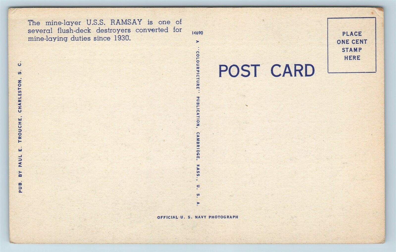 Postcard USS Ramsay DD 124 US Navy Destroyer Mine Layer WWII WW2 V11 ...